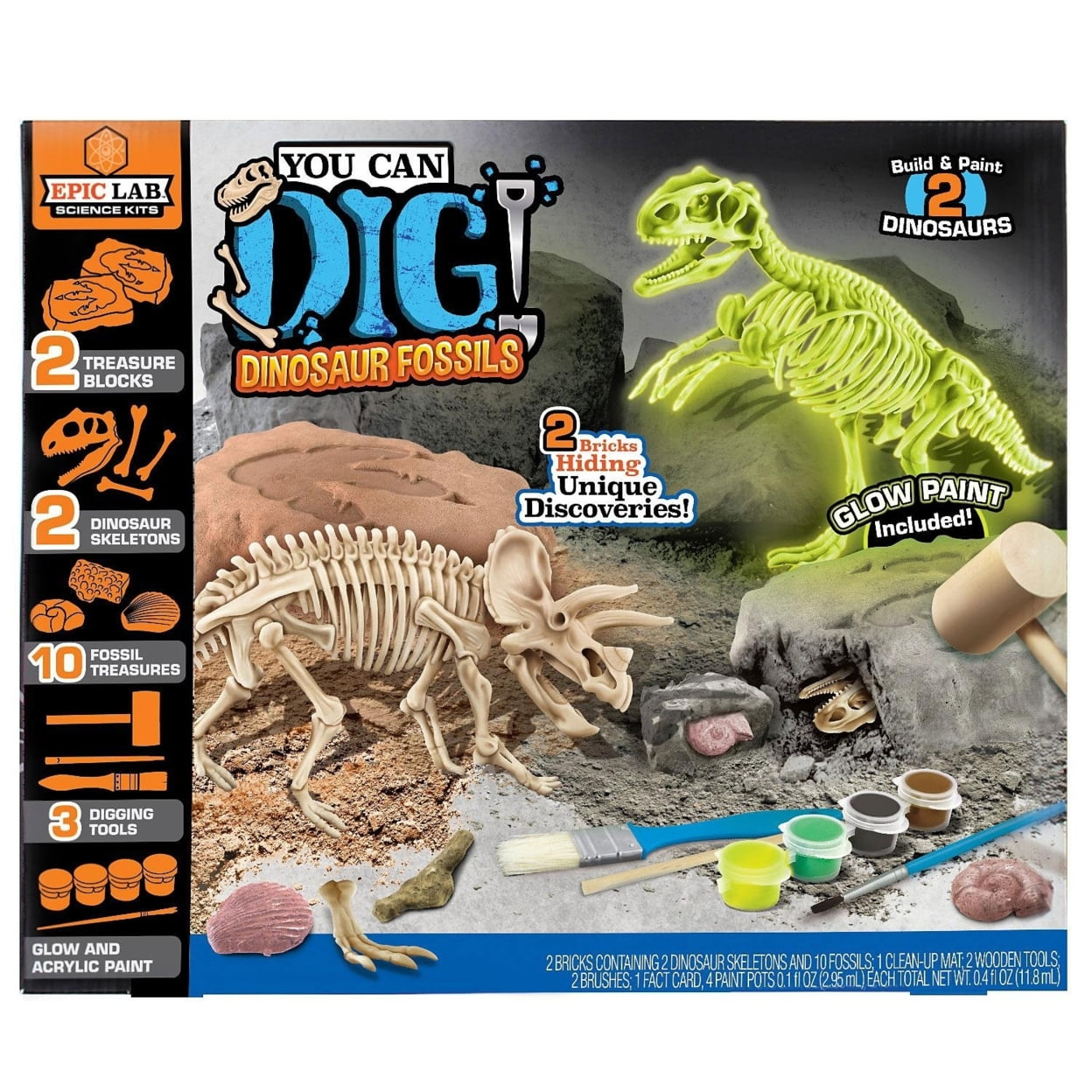 Epic Lab Dig Dinosaur Fossils Activity Kit, 2 Skeletons, Paint & Tools ...