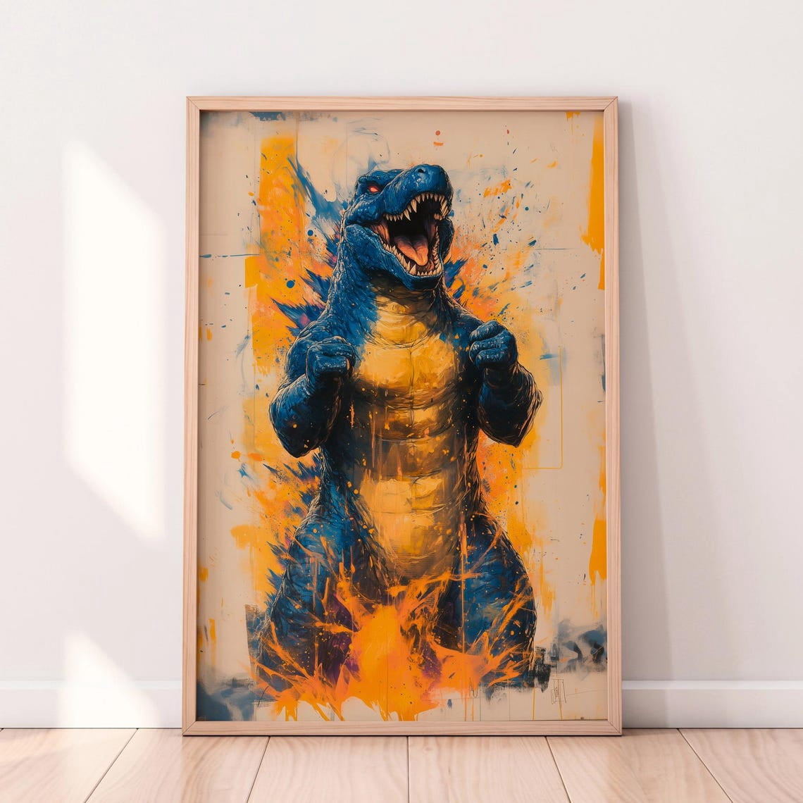 Epic Monster Wall Art – Fiery Blue Kaiju Print – Bold Urban Graffiti ...
