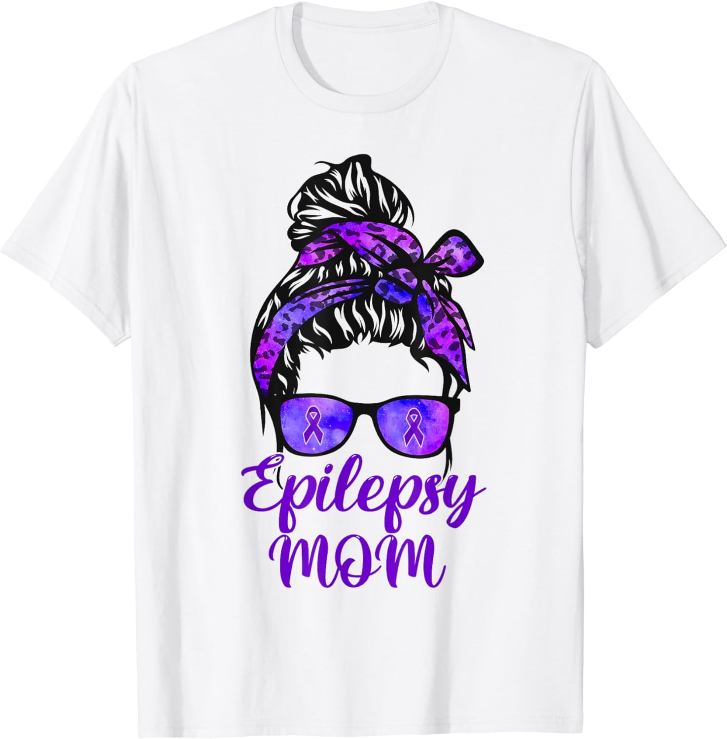 Epilepsy Mom Messy Bun Hair Glasses Bandana Purple Ribbon T-Shirt ...