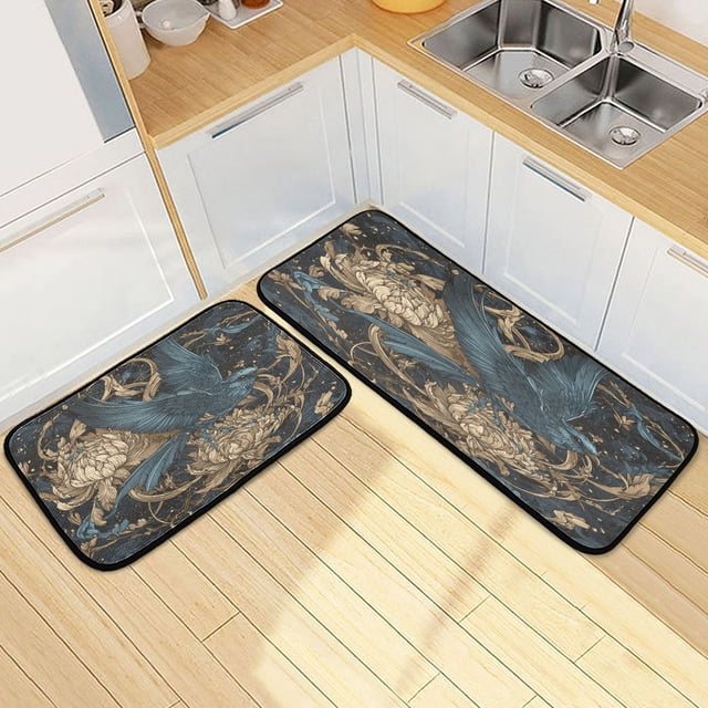 Epiphyllum and Crow 2 Piece Non Slip Kitchen Mat Set with Soft Memory ...