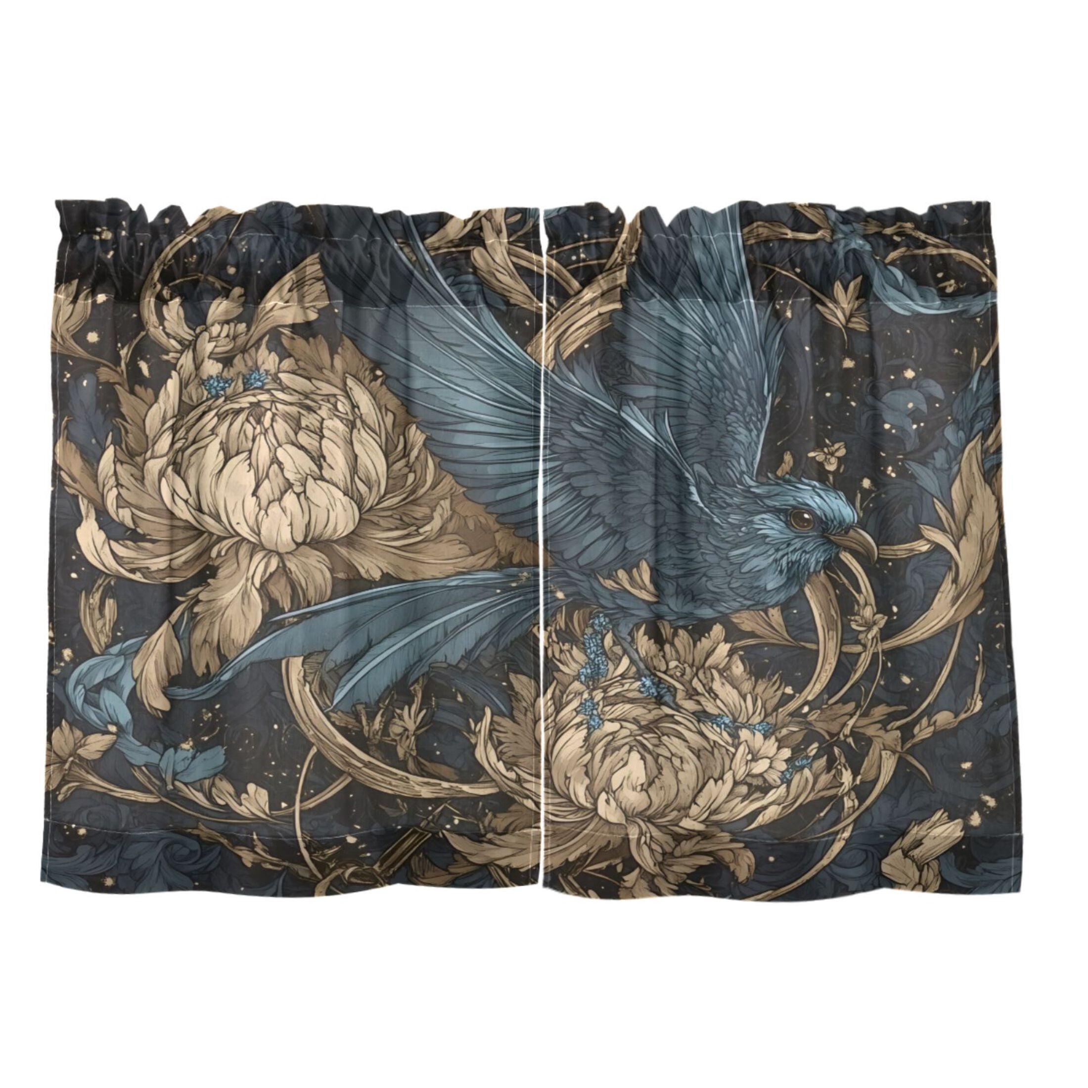 Epiphyllum and Crow 27"x36" Linen Look Cafe Curtain Set with Privacy ...