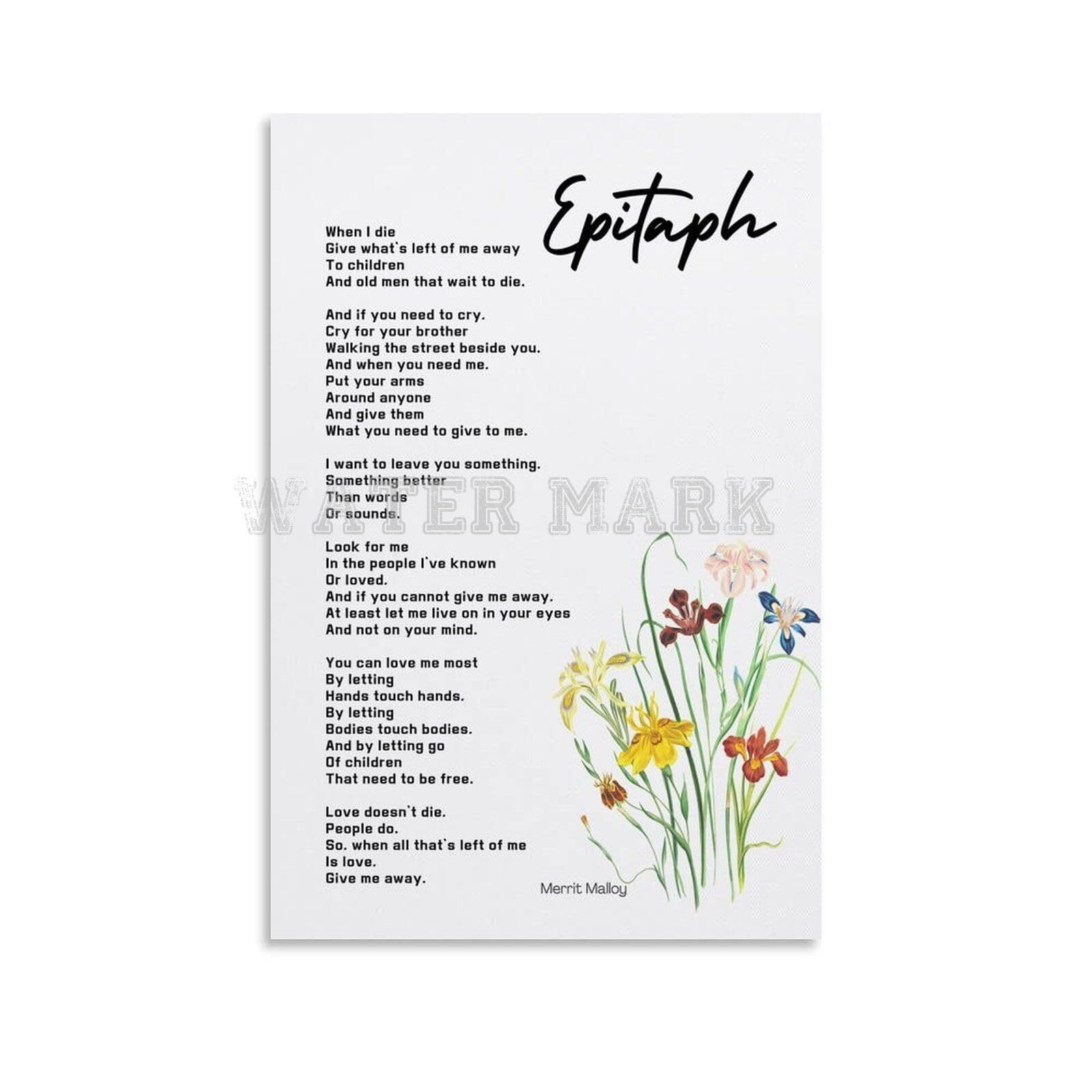 Epitaph Poem Poster by Merrit Malloy, When I Die, Poem on Death Canvas ...