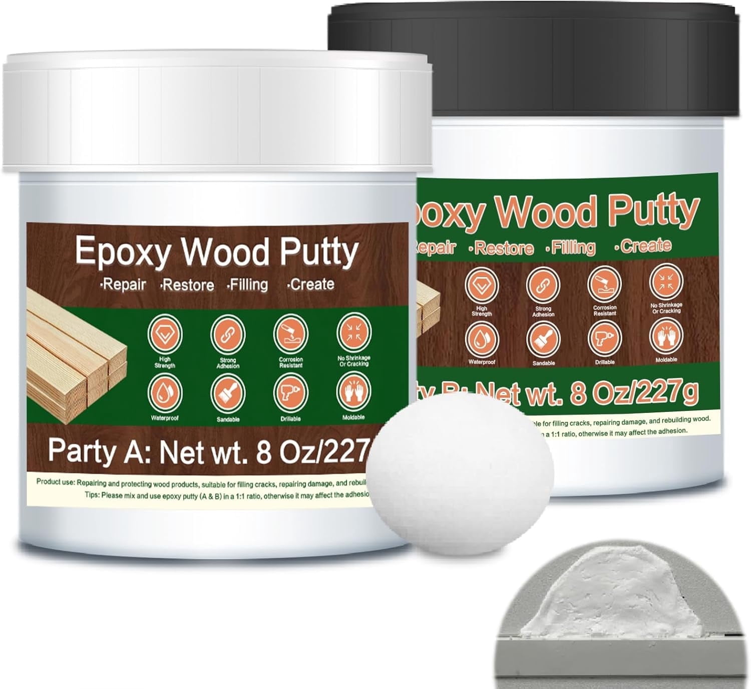 White Epoxy Putty 16oz - 2 Part Wood Filler Stainable - High Strength ...