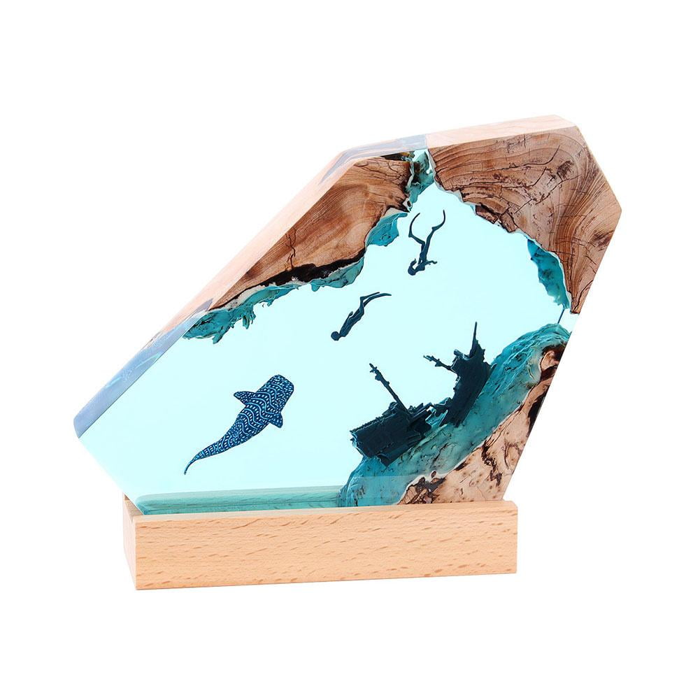 Epoxy Resin Wood Light Lamp Large Diver And Humpback Whale Led Lights ...