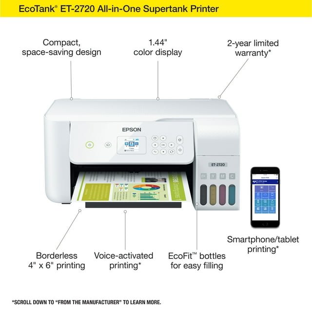 Epson EcoTank ET-2720 Wireless All-in-One Printer - White, Cartridge-Free, 2 Years Ink - Walmart.com