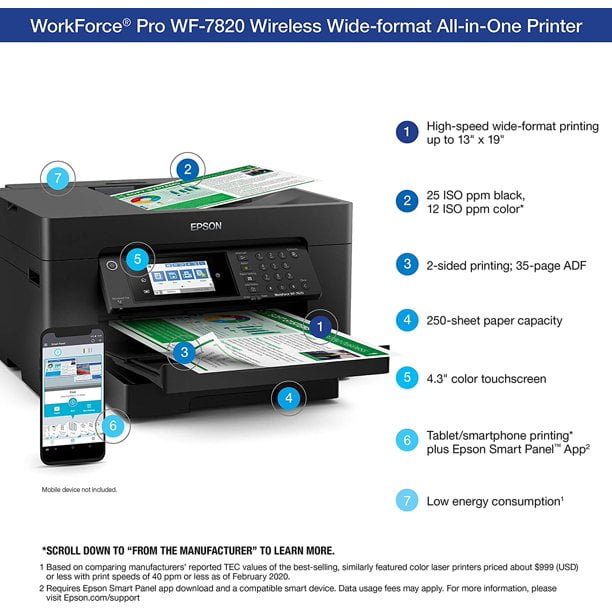 Epson WorkForce Pro WF-7820 Wireless All-in-One Wide-format Printer with Copier, Scanner and Fax ...