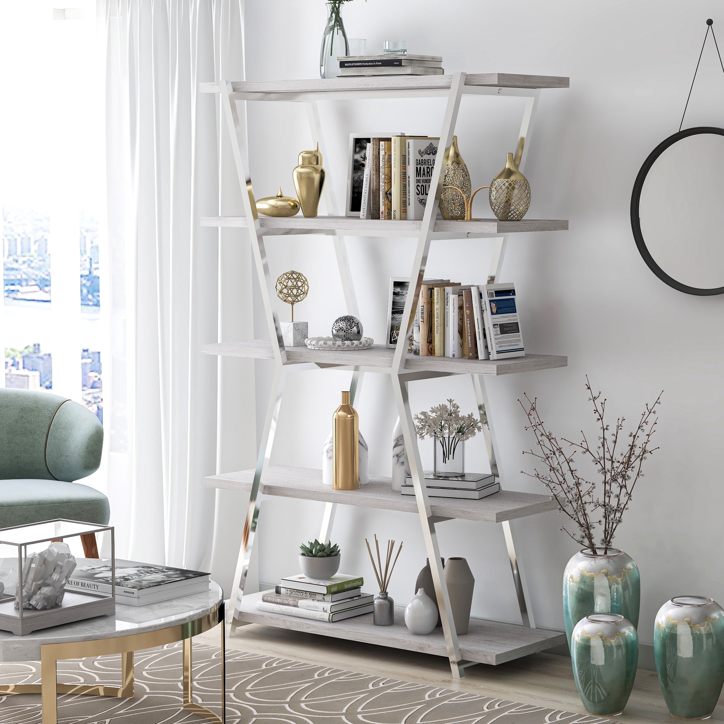 Epstewin 5-Shelf Wood Open Bookcase, Chrome and White - Walmart.com