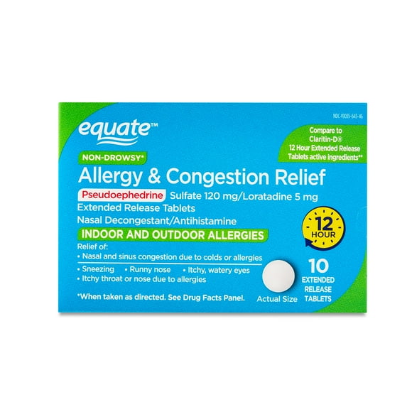 Equate 12 Hour Allergy and Congestion Relief Pseudoephedrine and ...