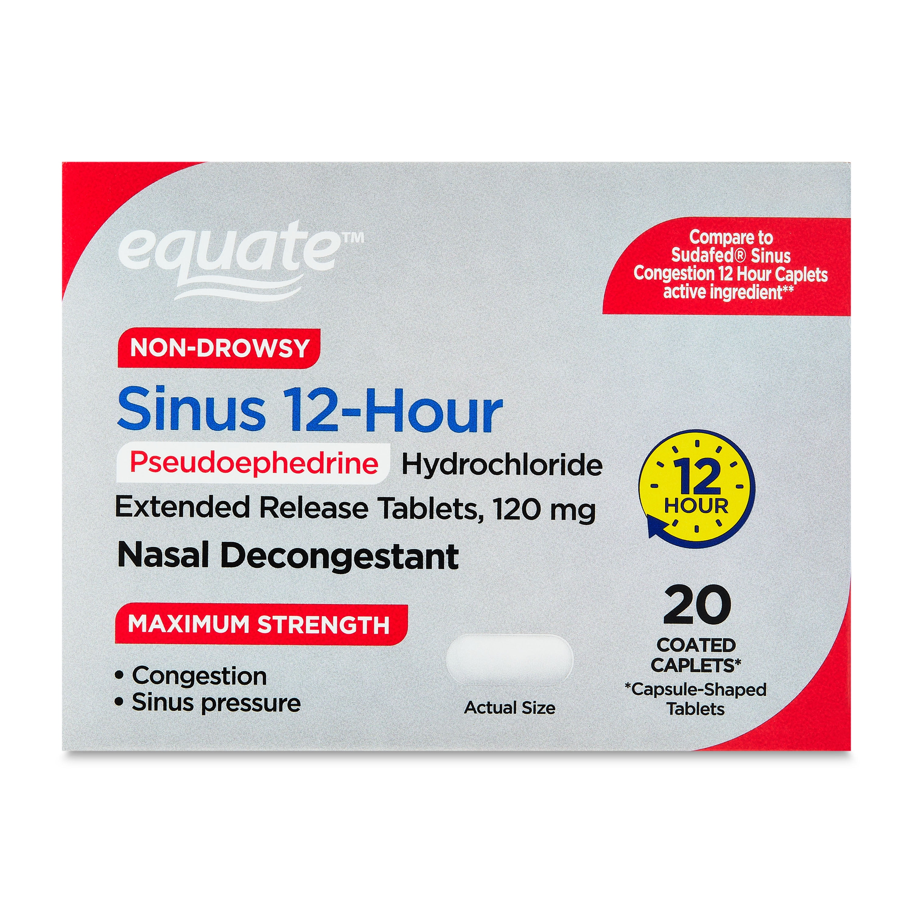 Brandclub - Equate 12 Hour Non-Drowsy Sinus Decongestant Pseudoephedrine HCl Extended Release ...