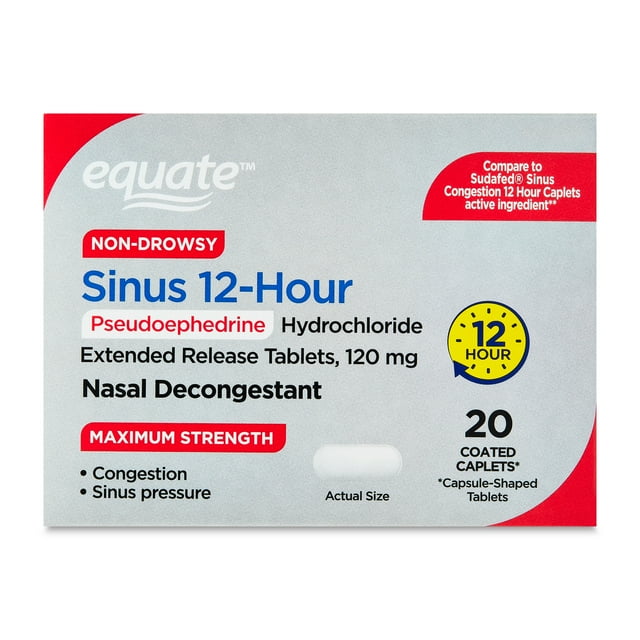 Equate 12 Hour Non-Drowsy Sinus Decongestant Pseudoephedrine HCl ...
