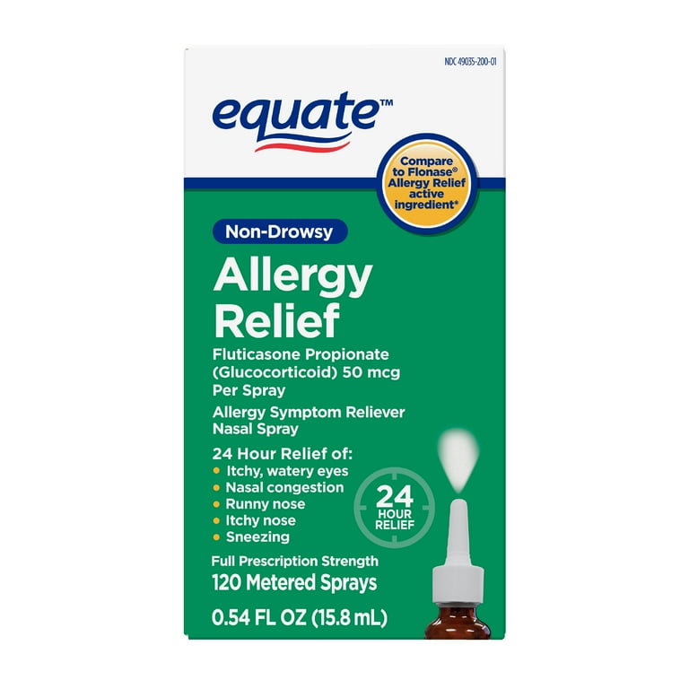 Equate 24 Hour Allergy Relief Nasal Spray Fluticasone Propionate Glucocorticoid 50 mcg per Spray Full Prescription Strength Non Drowsy 0.54 fl oz Walmart