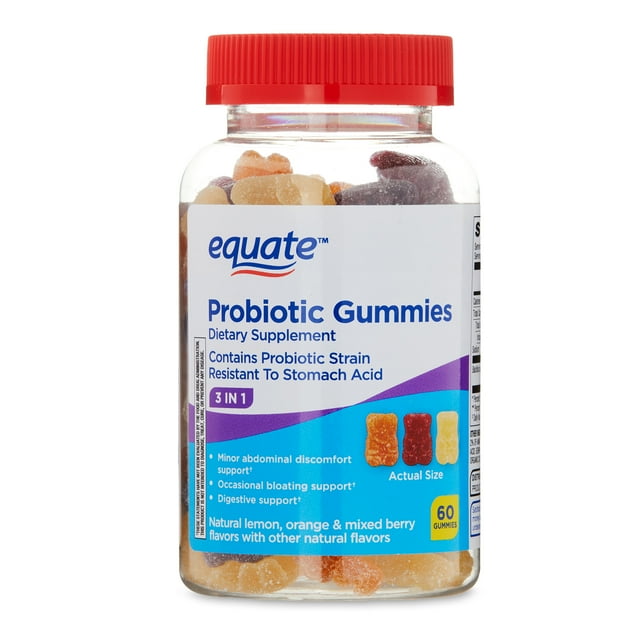 Equate 3-in-1 Daily Probiotic Dietary Supplement Gummies, Natural Fruit ...
