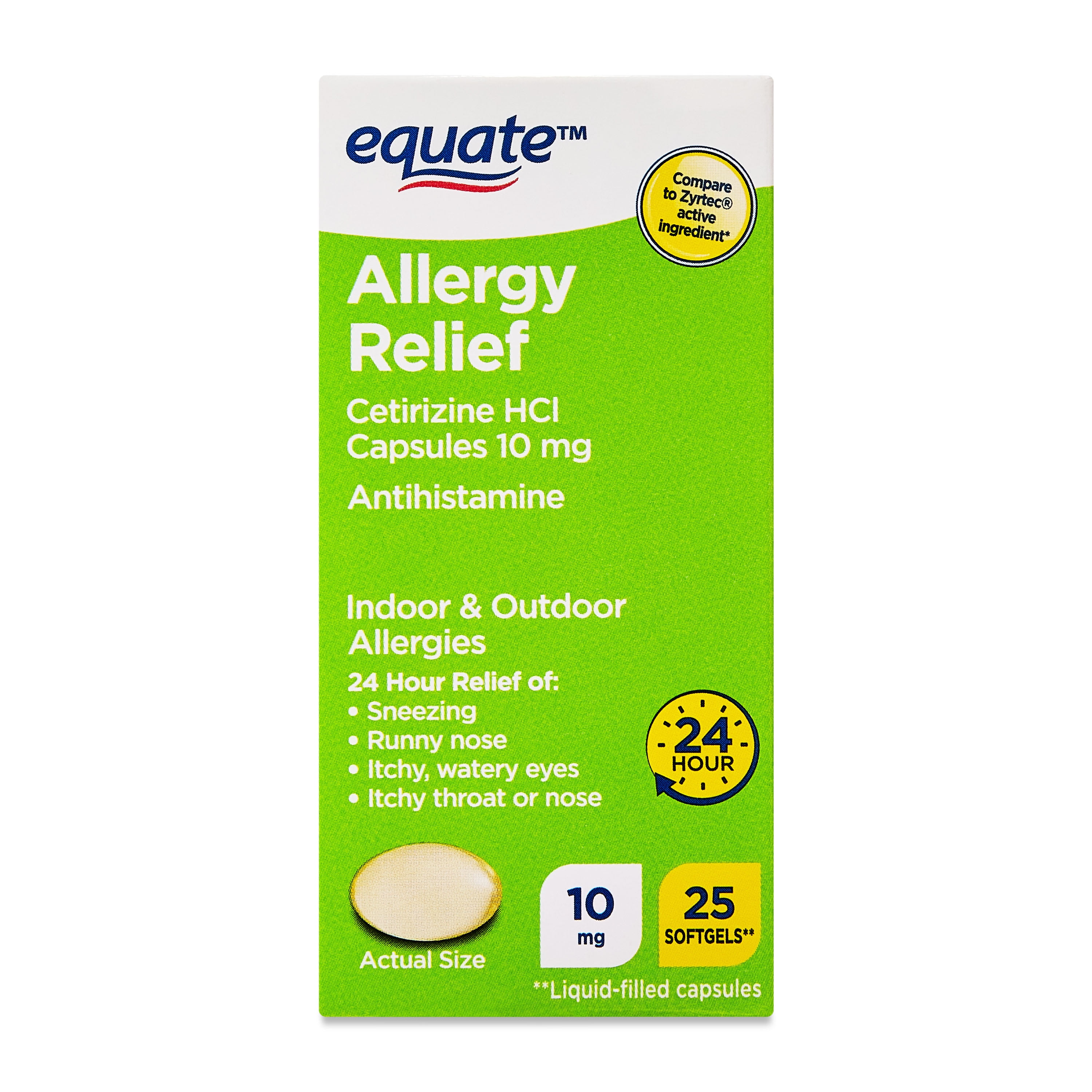 Equate Allergy Relief Cetirizine HCl Softgels, 25 Count, Compare to ...