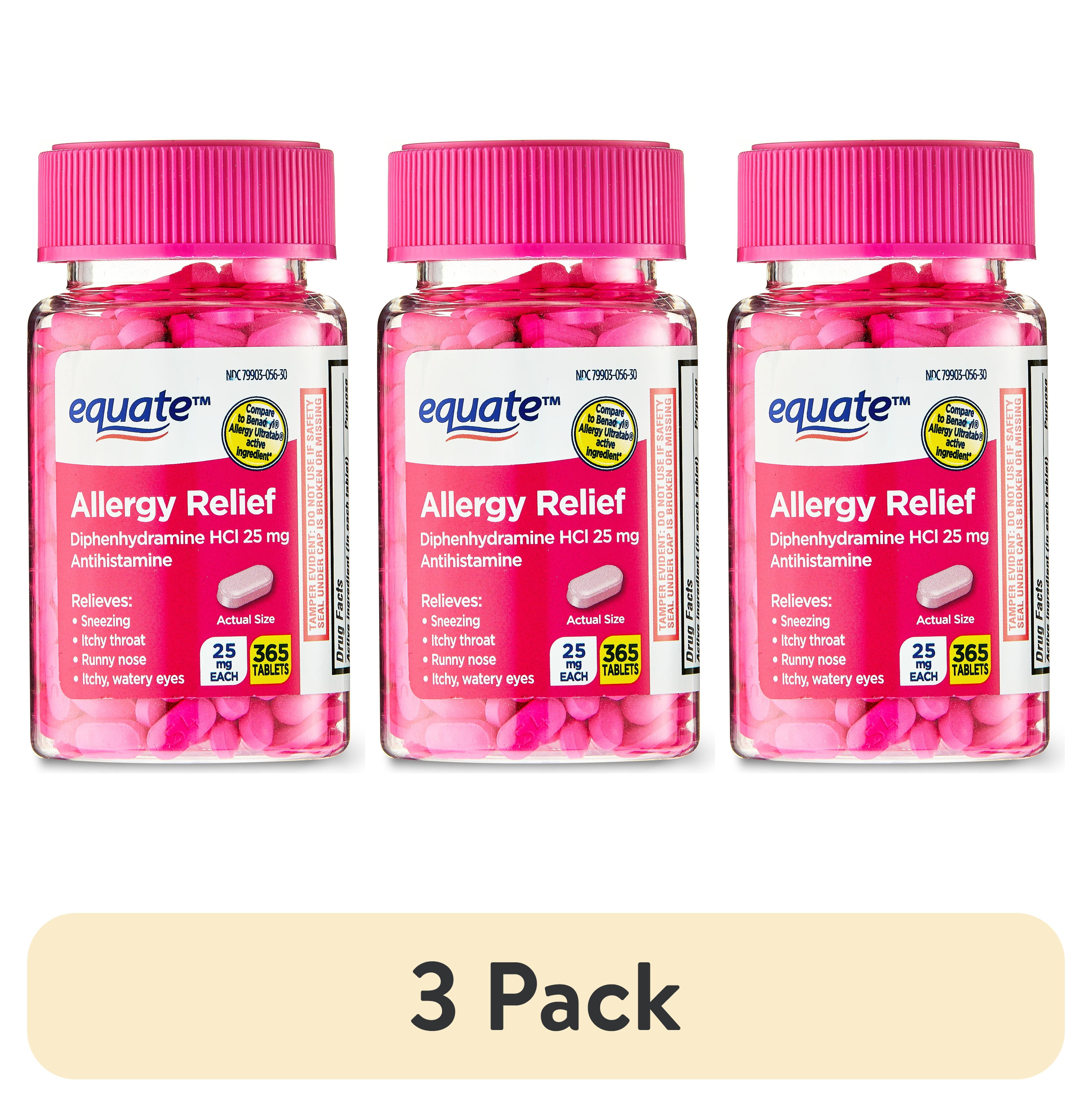 (3 pack) Equate Allergy Relief Tablets with Diphenhydramine Hcl 25mg ...