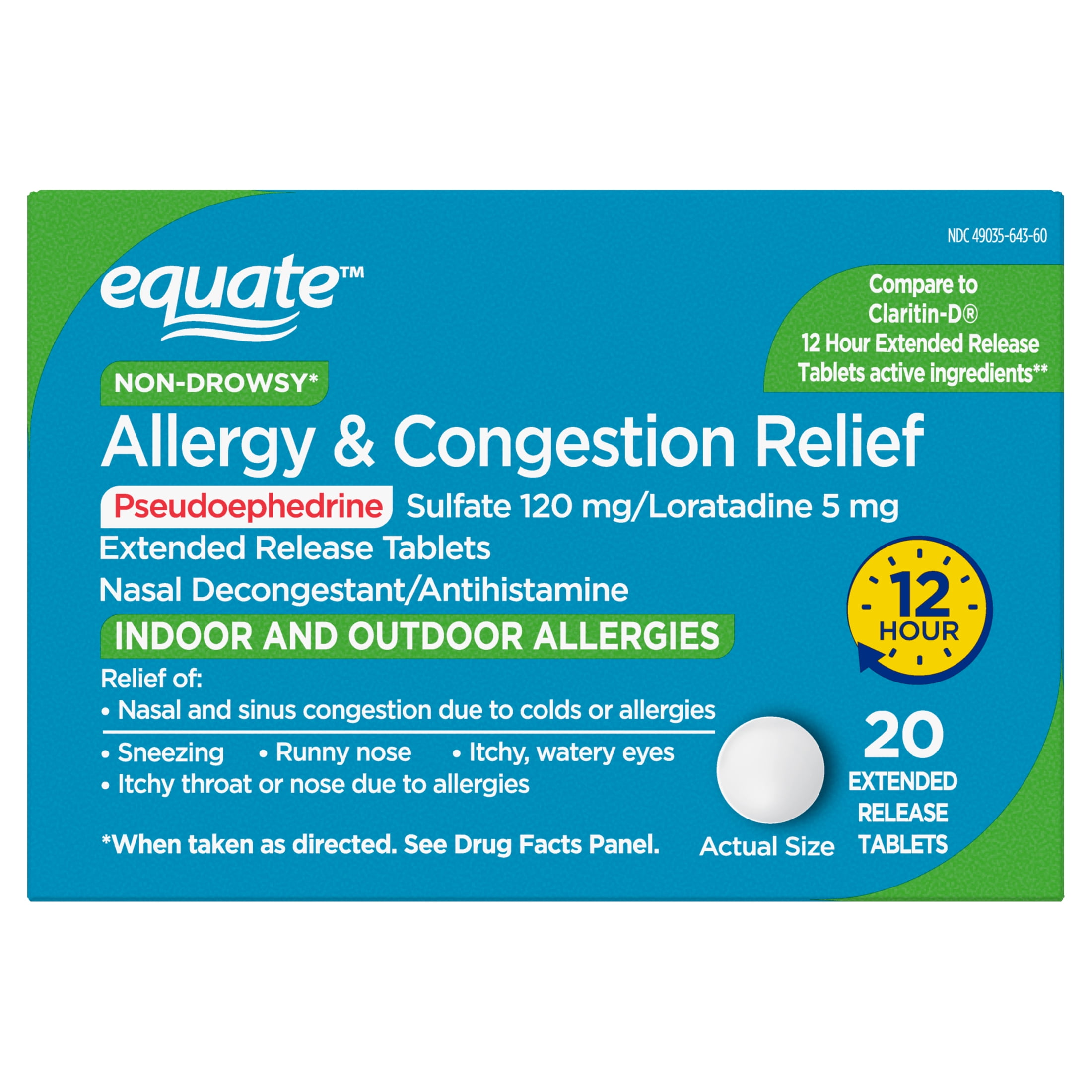 Equate 12 Hour Loratadine Allergy and Congestion Relief Tablets, 5 mg ...