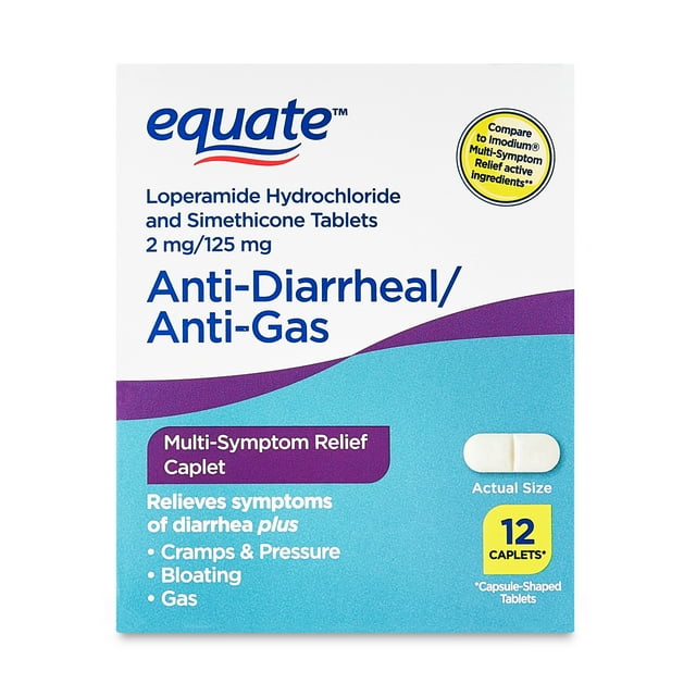 Equate Anti-Diarrheal/Anti-Gas Multi-Symptom Relief 2mg/125mg Caplets ...