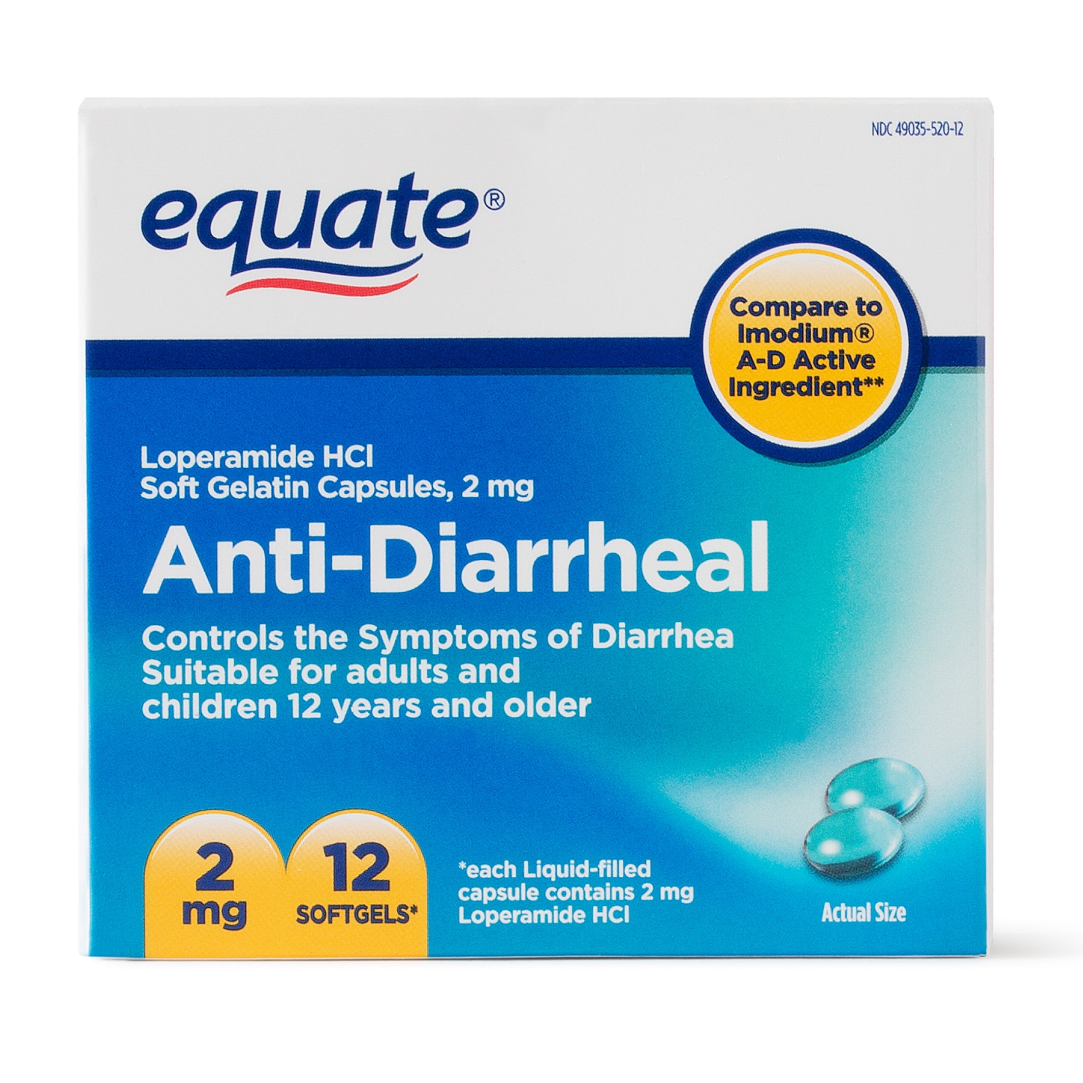 Equate Anti-Diarrheal Loperamide Hydrochloride Softgels, 2 mg, 12 Ct ...