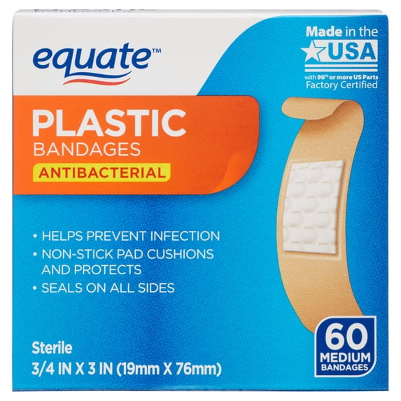 Equate Antibacterial Medium Plastic Bandages, 60 count HSA/FSA Eligible ...