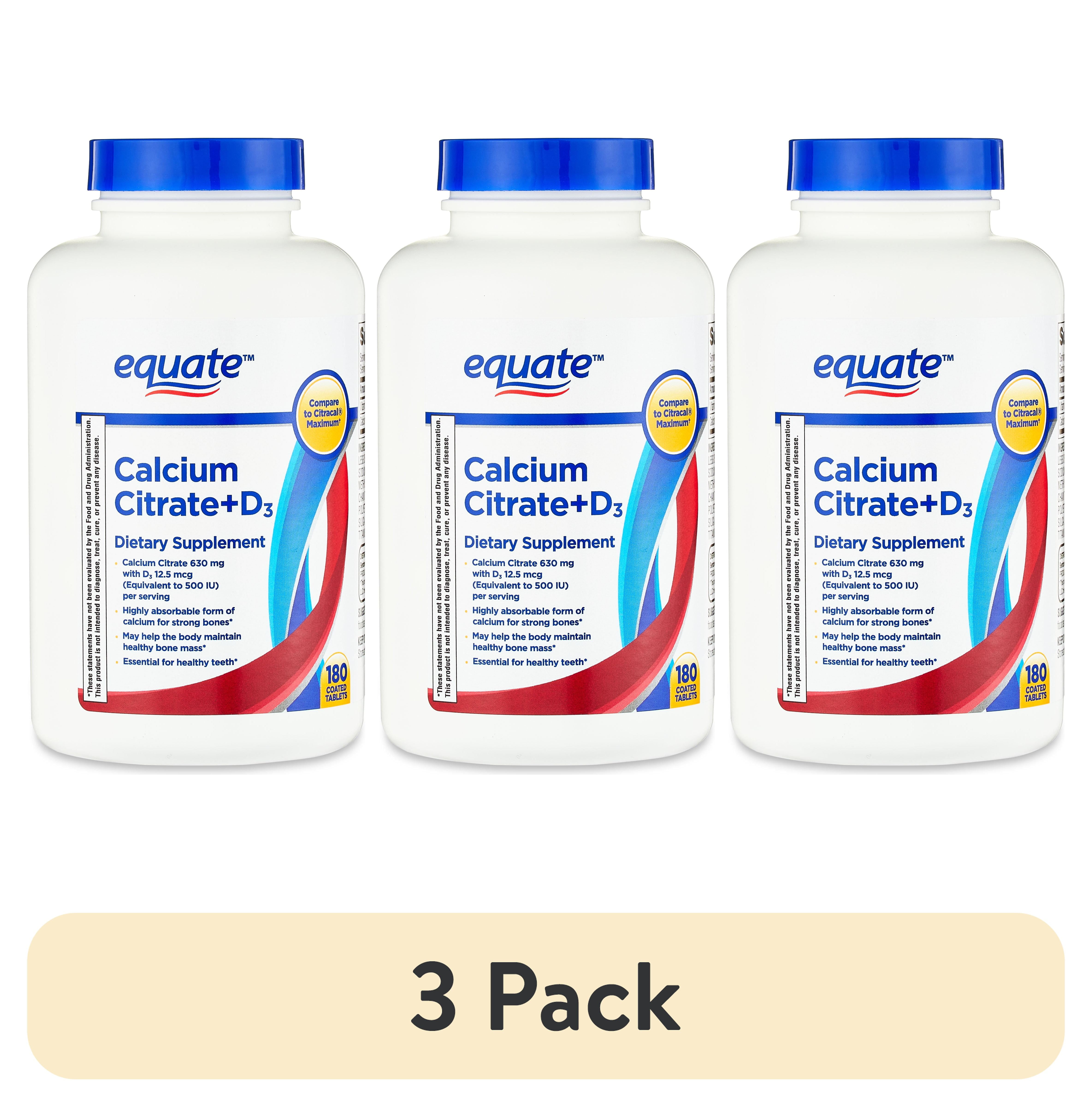 (3 pack) Equate Calcium Citrate + D3 Tablets Dietary Supplement, 630 mg, 180 Count - Walmart.com