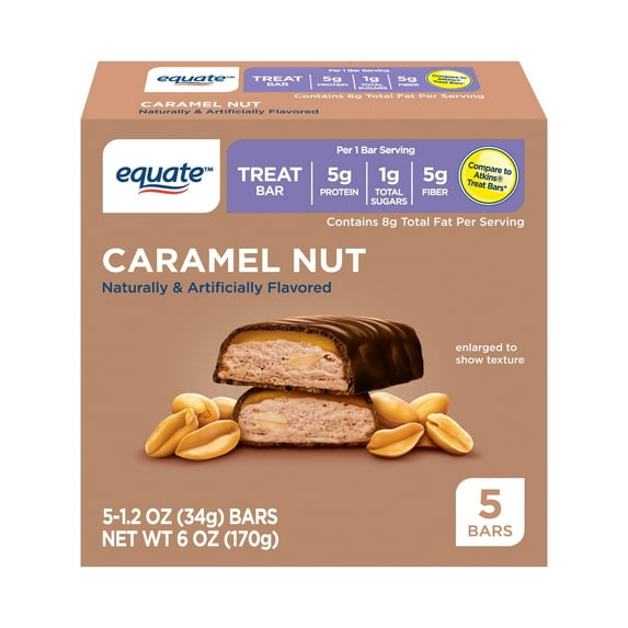 Equate Caramel Nut Treat Bar, 5 Count with 1g Sugar, 5g Fiber and ...