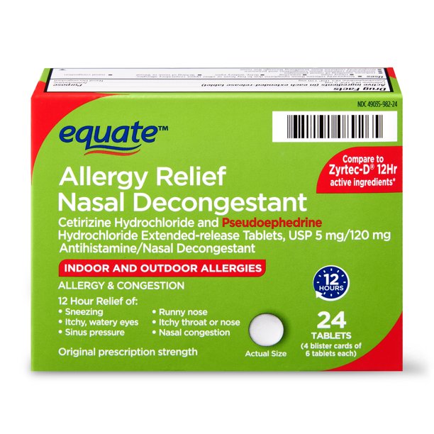 Equate Cetirizine-D 12 Hour Tablets, 5 mg, 24 Count - Walmart Business ...