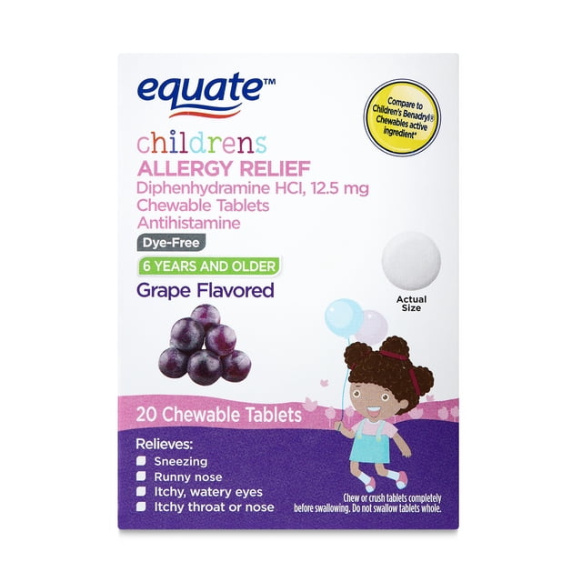 Equate Children's Diphenhydramine Allergy Relief Chewable Tablets, 12.5 ...
