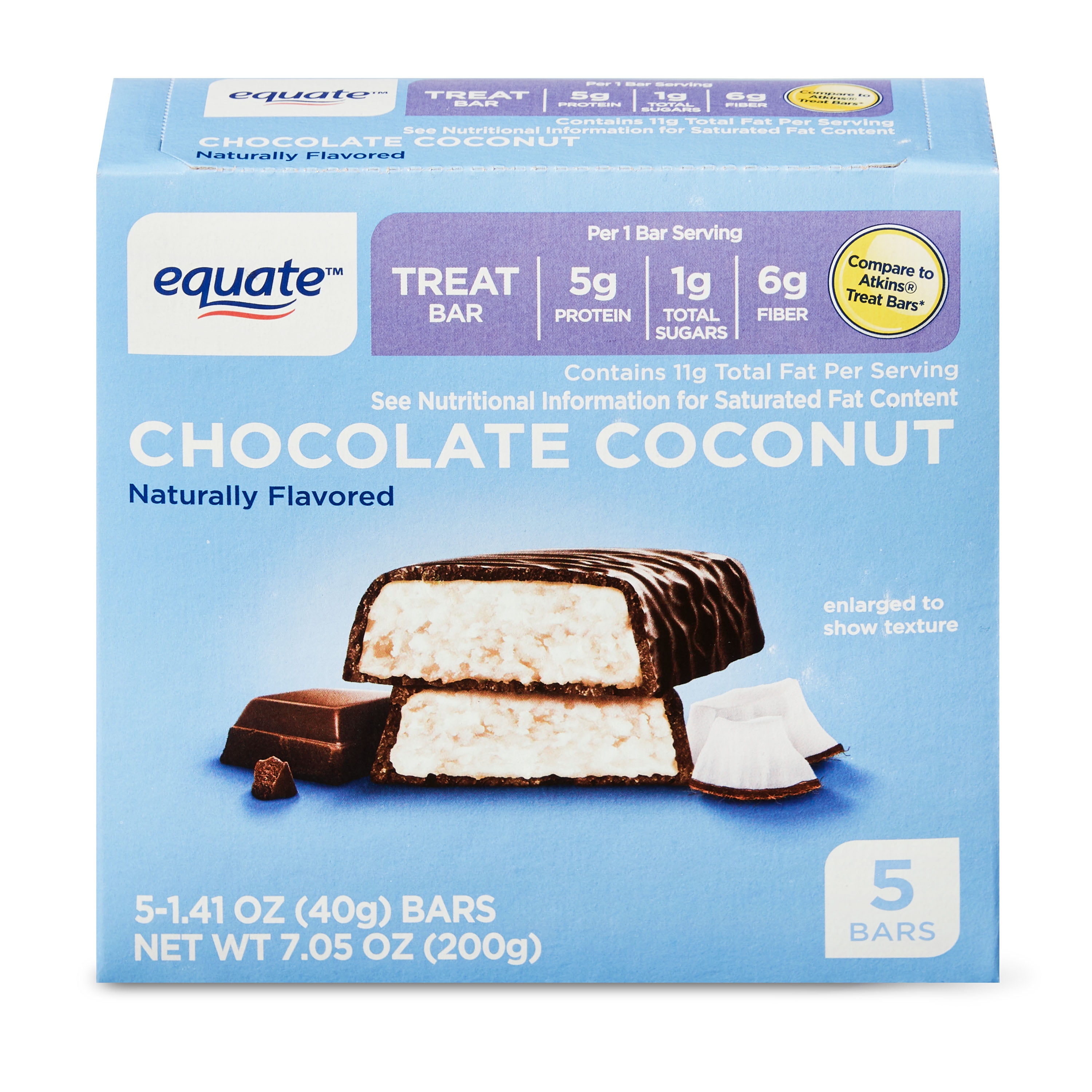 Equate Chocolate Coconut Treat Bar, 7.05 oz, High Fiber Protein Snack ...