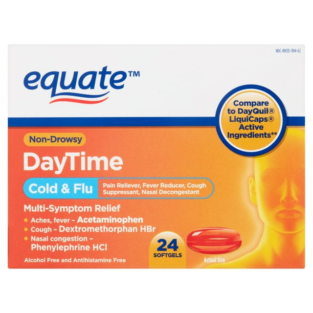 Equate Daytime Cold & Flu Liquid Caps; Cold Care for Daytime Cold and ...