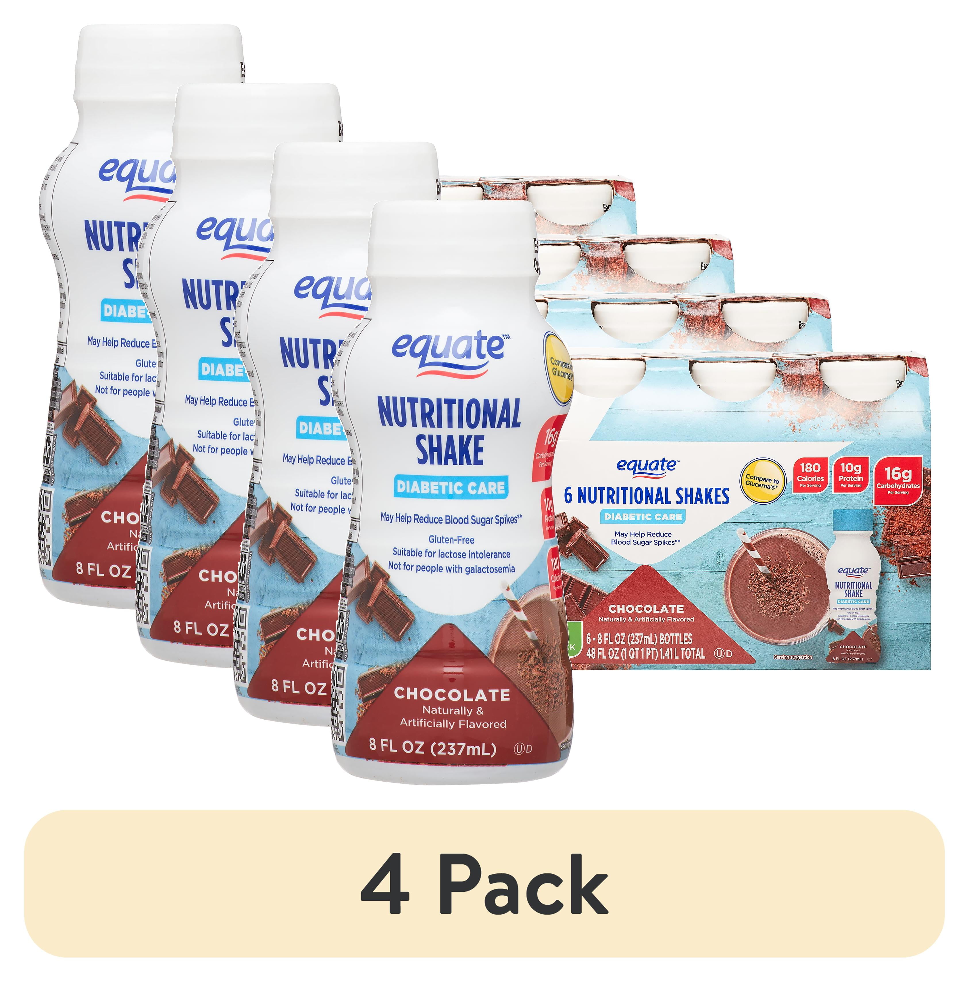 (4 pack) Equate Diabetic Care Nutritional Shakes, Chocolate, 8 fl oz, 6 ...