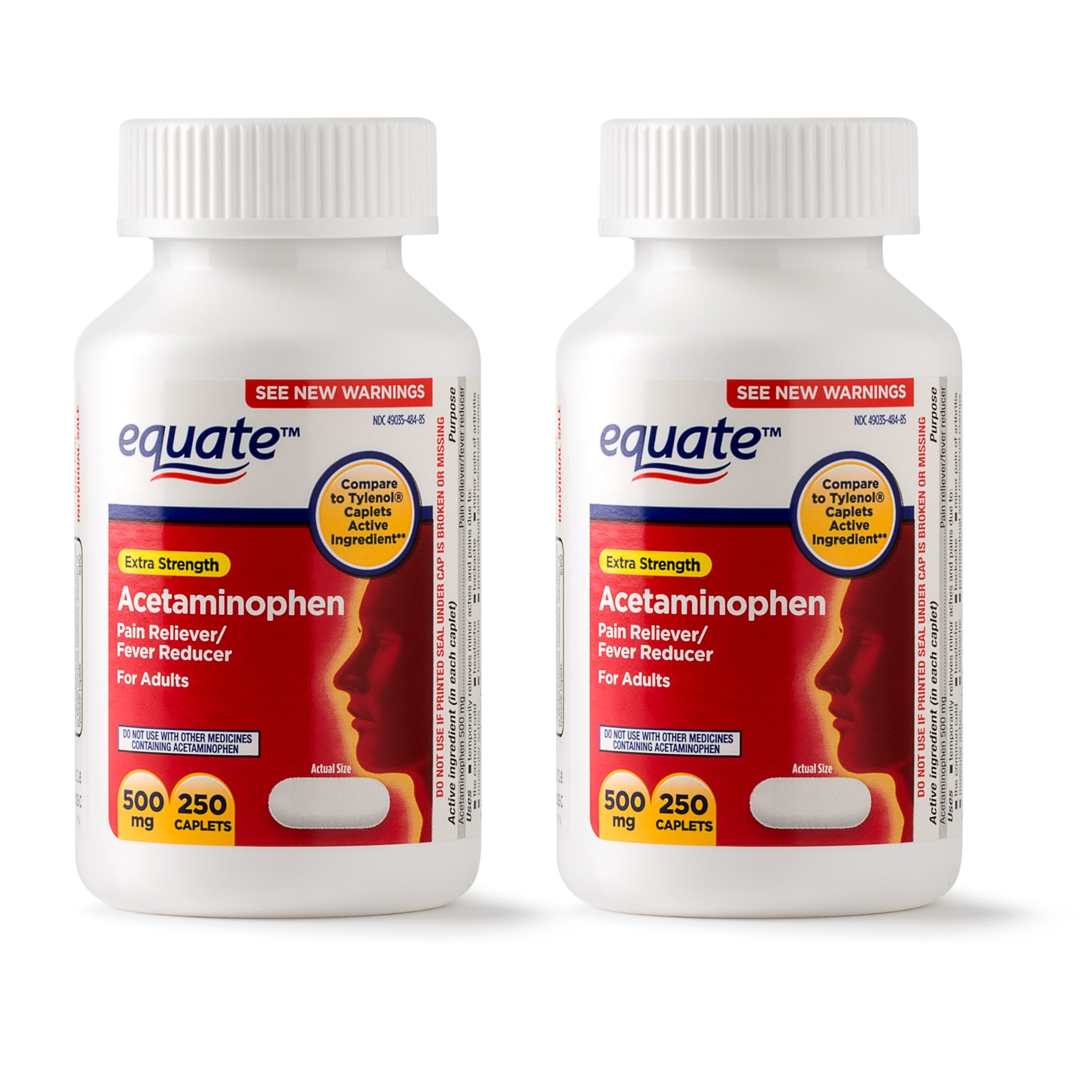 Equate Extra Strength Acetaminophen Caplets, 500 mg, 250 Ct, 2 Pk HSA ...