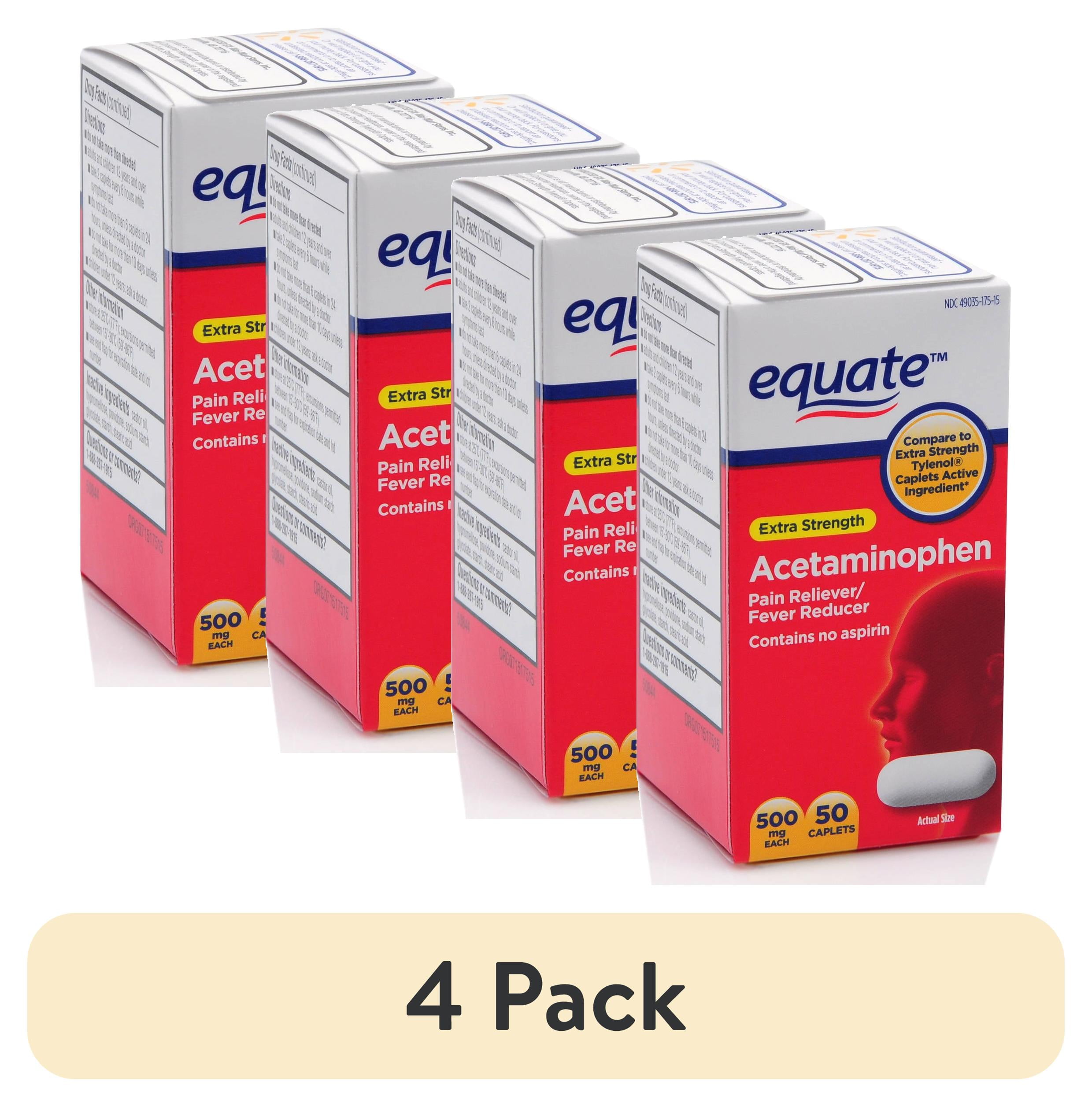 (4 pack) Equate Extra Strength Acetaminophen Pain and Fever Relief Caplets, 500mg, 50 Count ...
