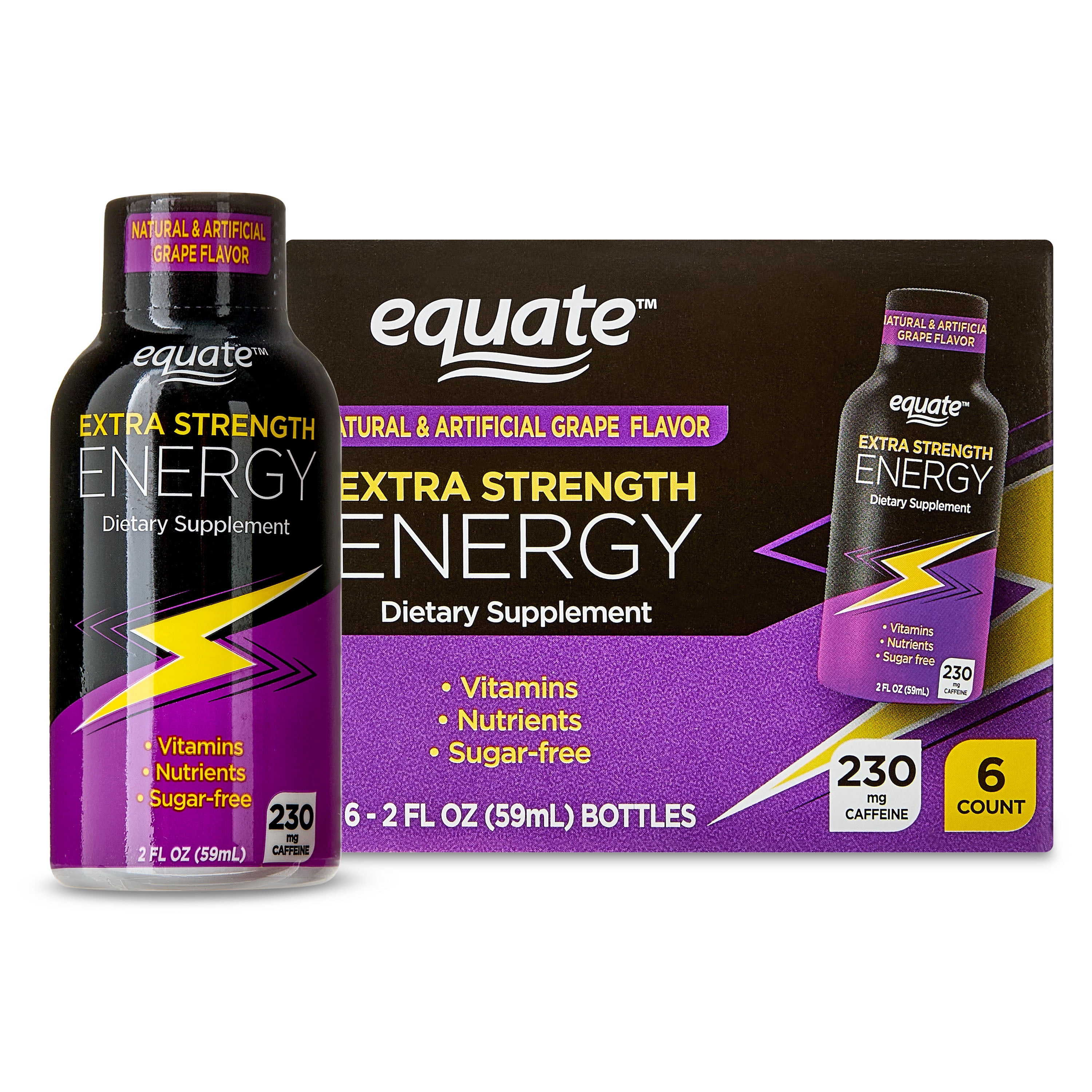 Equate Energy Supplement, Caffeine 230mg, Grape Flavor, 6 Pack ...