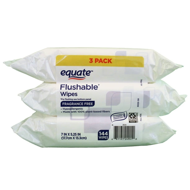 Equate Flushable Wipes, Fragrance Free, Value 3 Pack, 144 Total Wipes ...