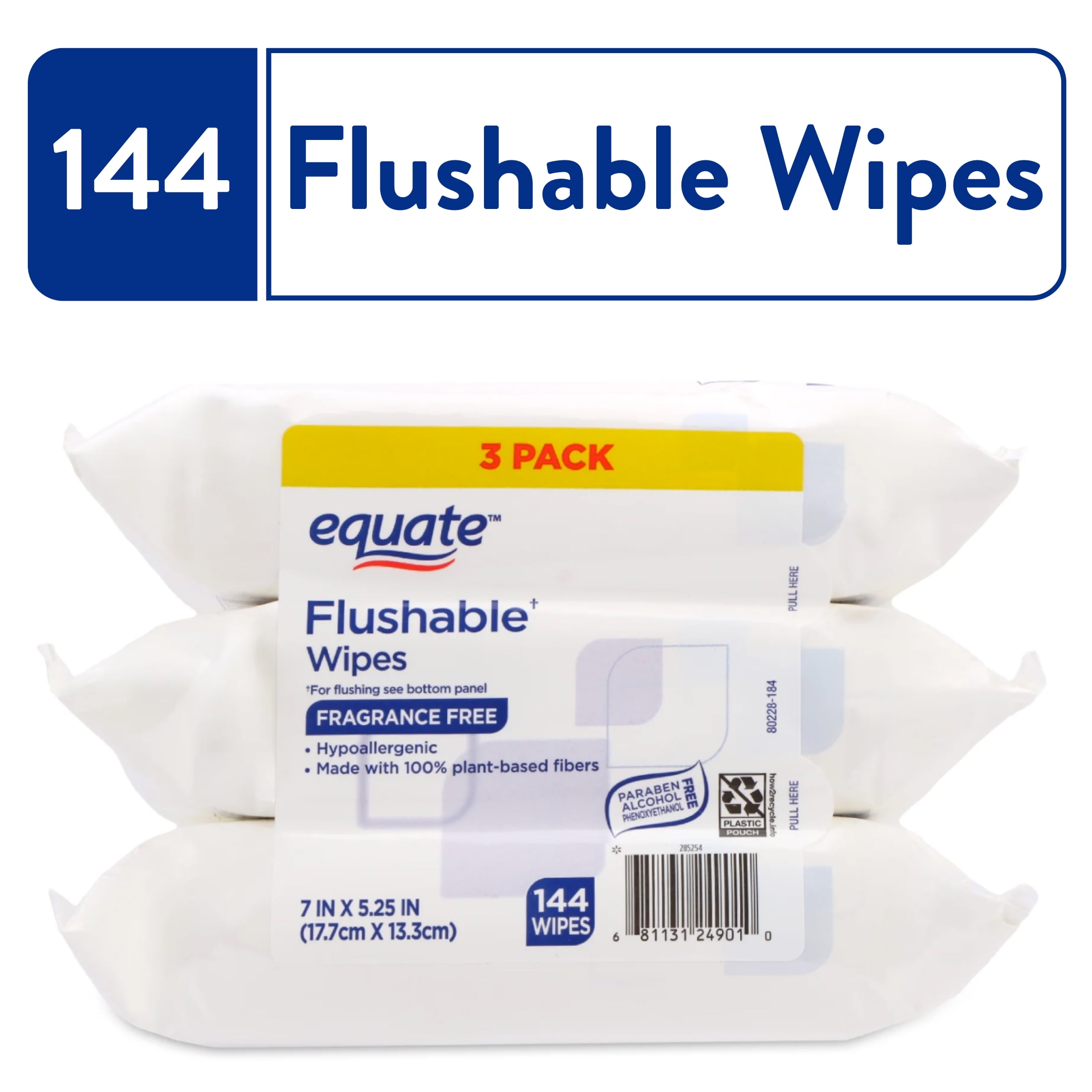 Equate Flushable Wet Wipes, Fragrance Free, 144 Wipes (3 Pack) HSA/FSA ...