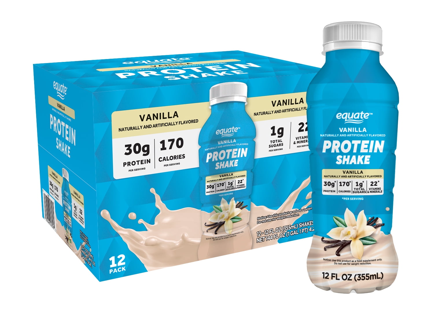 Equate High Performance Protein Shake Bottle, Vanilla, 12ct - Walmart ...