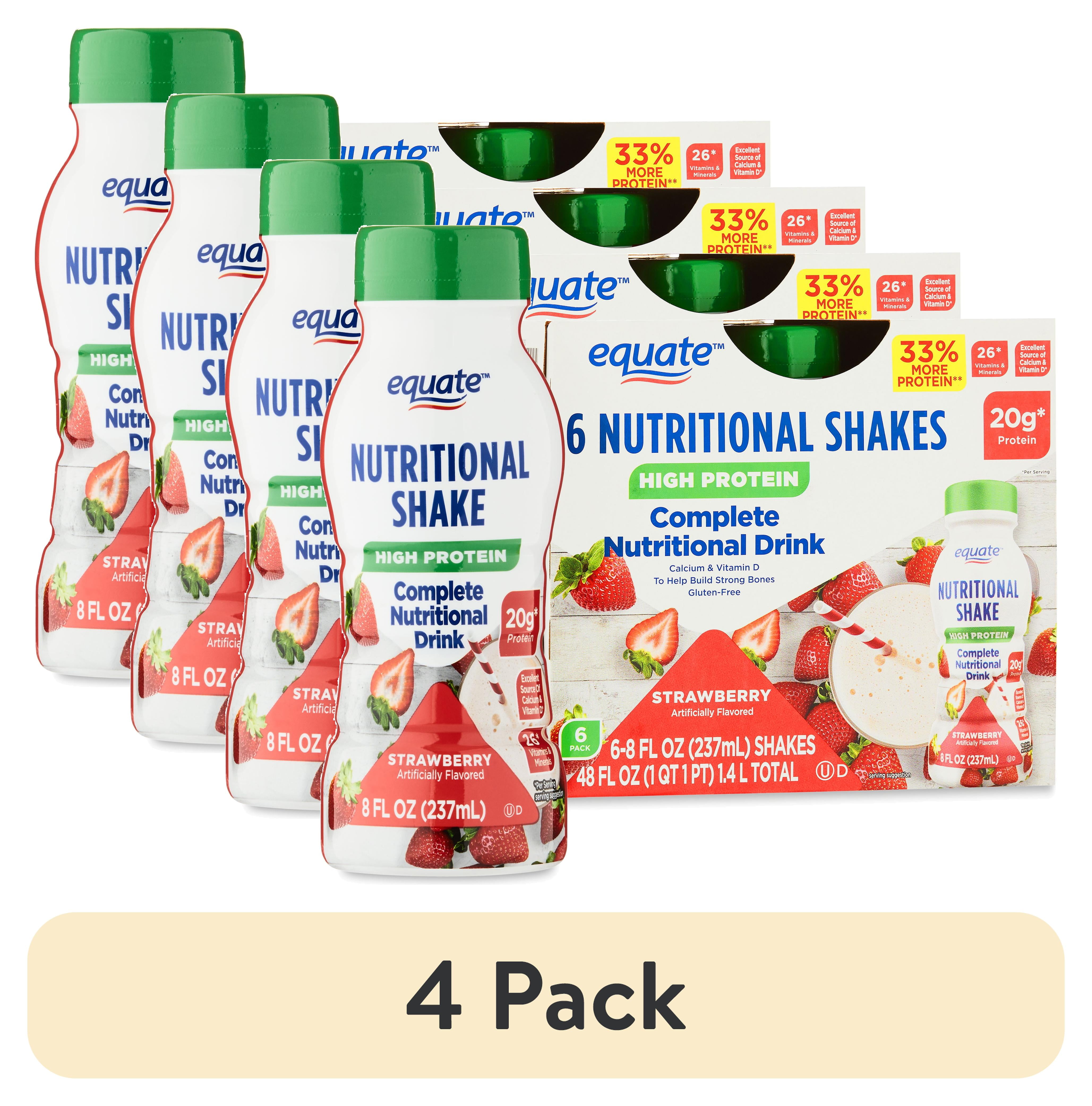 (4 pack) Equate High Protein Nutrition Shake, Strawberry, 8 fl oz, 6 ...