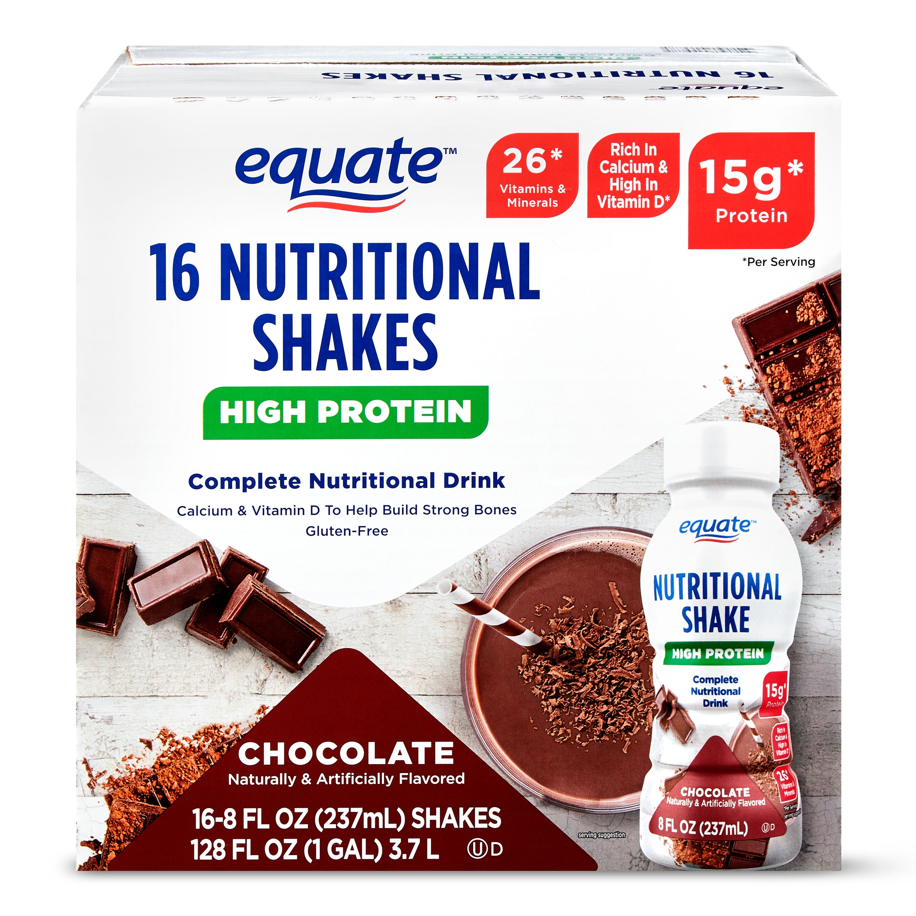 Equate High Protein Nutritional Shakes, Chocolate, 8 fl oz, 16 Ct ...