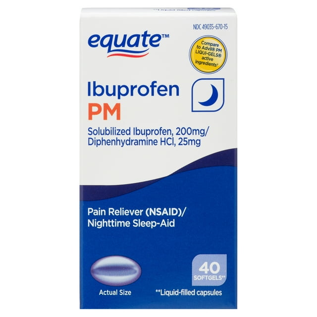 Equate Ibuprofen Pm Softgels Solubilized Ibuprofen 200mg Diphenhydramine Hci 25 Mg 40 Count