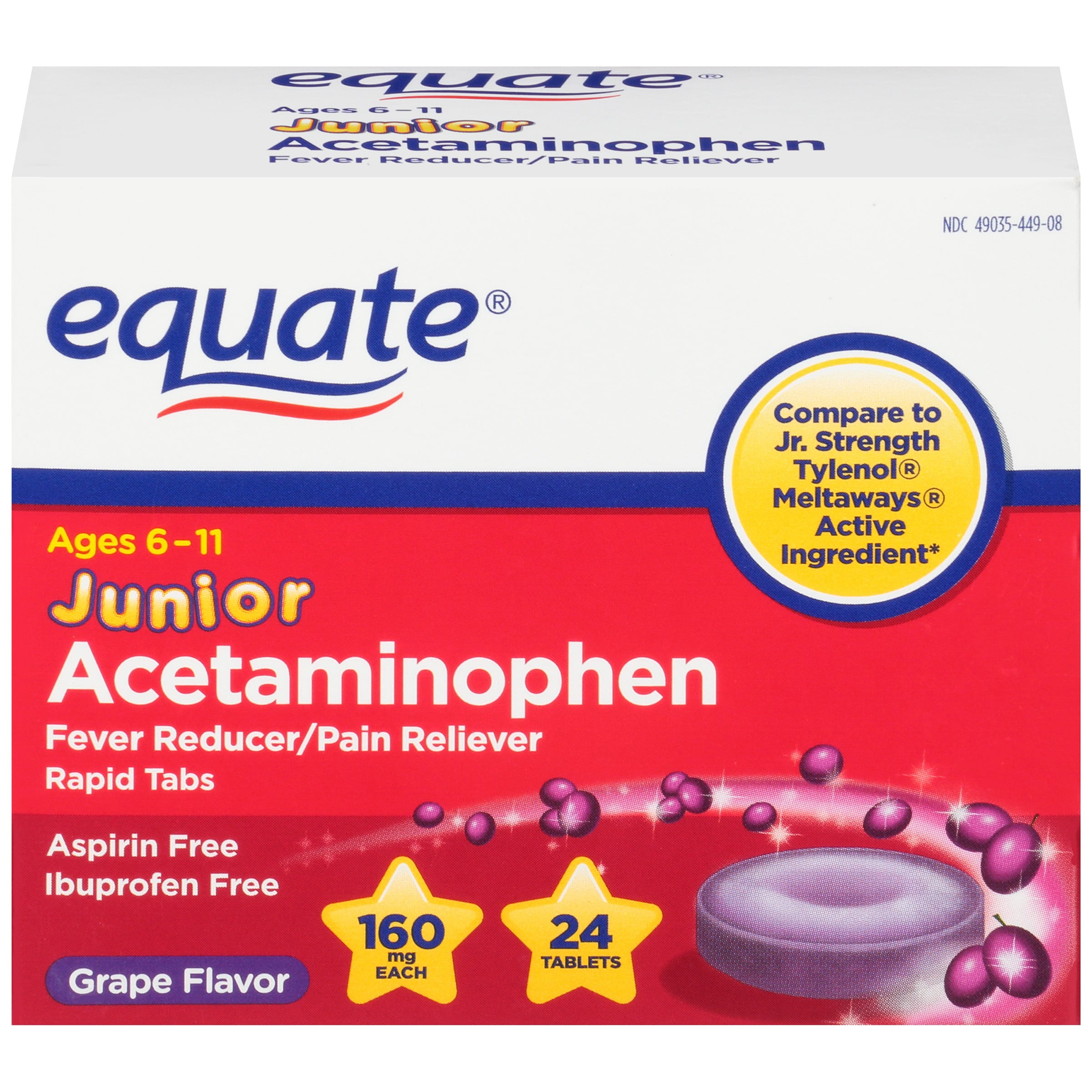 Equate Junior Strength Acetaminophen Grape Flavor Tablets, 160 mg, 24 ...