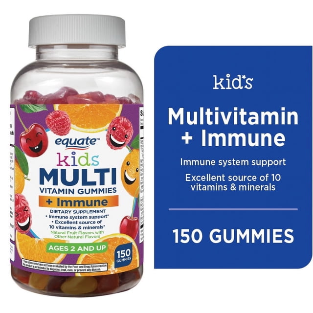 Equate Kids' Multivitamin + Immune Dietary Supplement Gummies, Natural ...