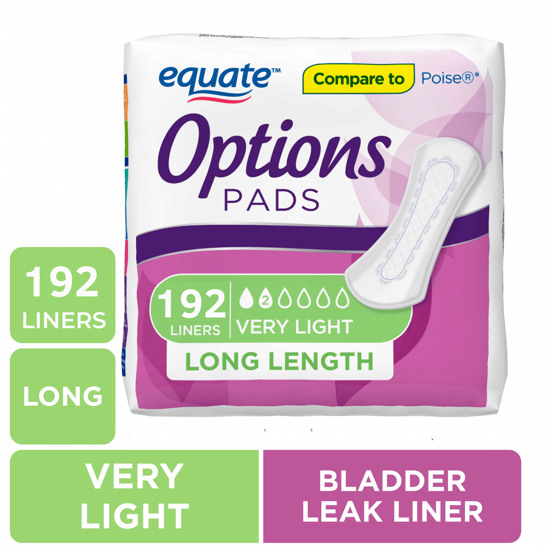 Equate Options Women's Incontinence Pads, Very Light, Long Length (192 ...