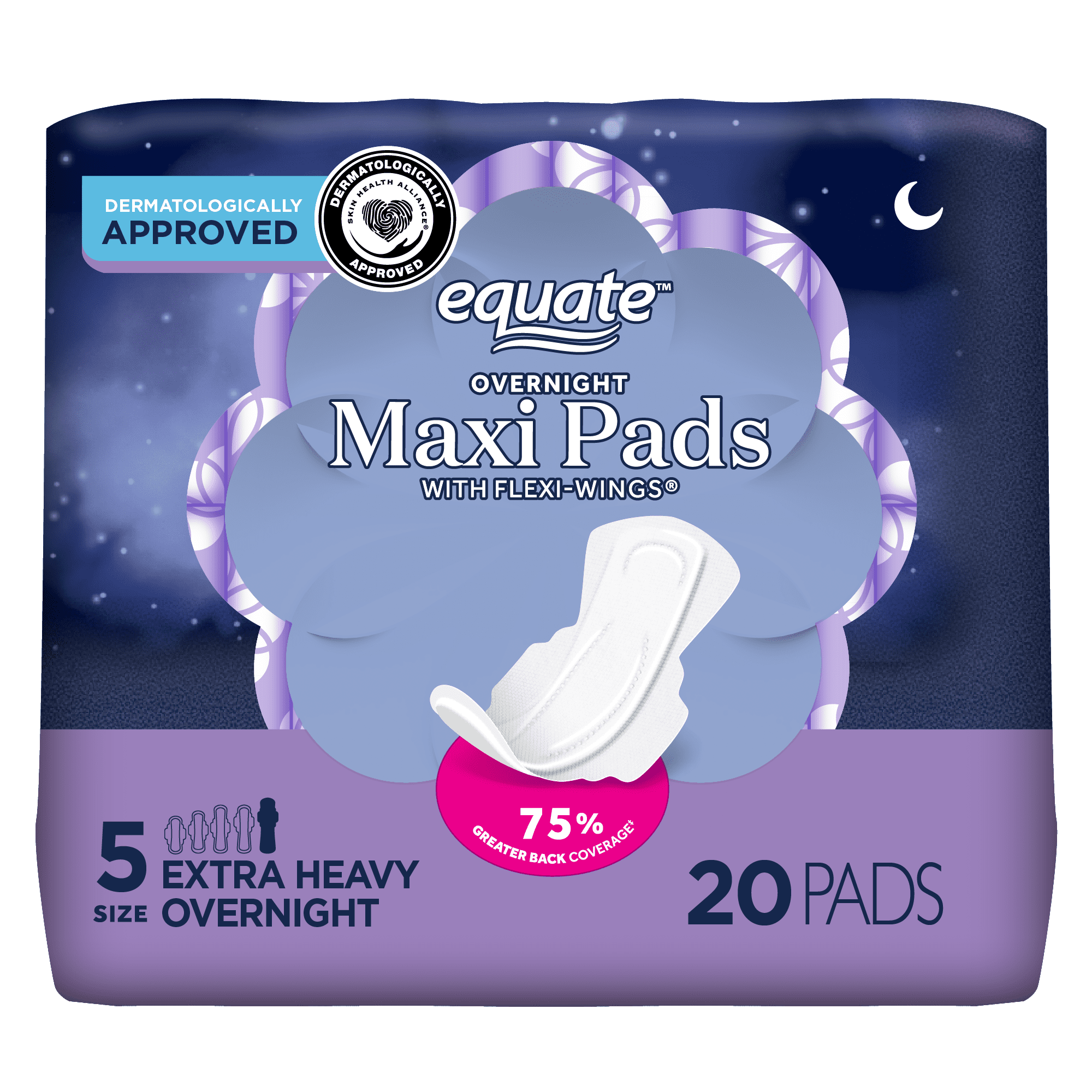 Equate Overnight Maxi Pads with Wings, Size 5, Extra Heavy Overnight ...