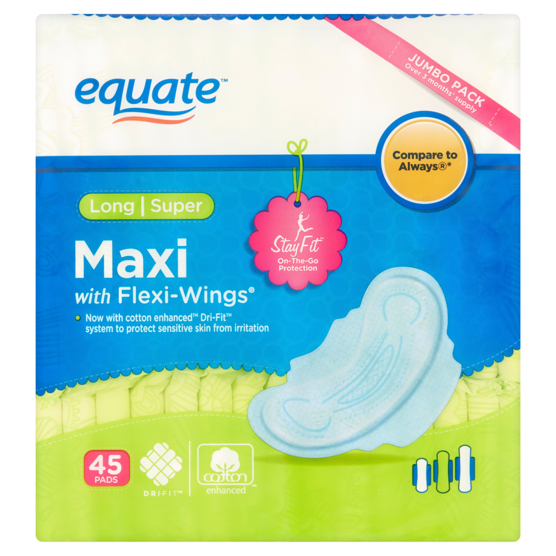 Equate Maxi Pads with Wings, Long Super Unscented, 45 ct - Walmart ...