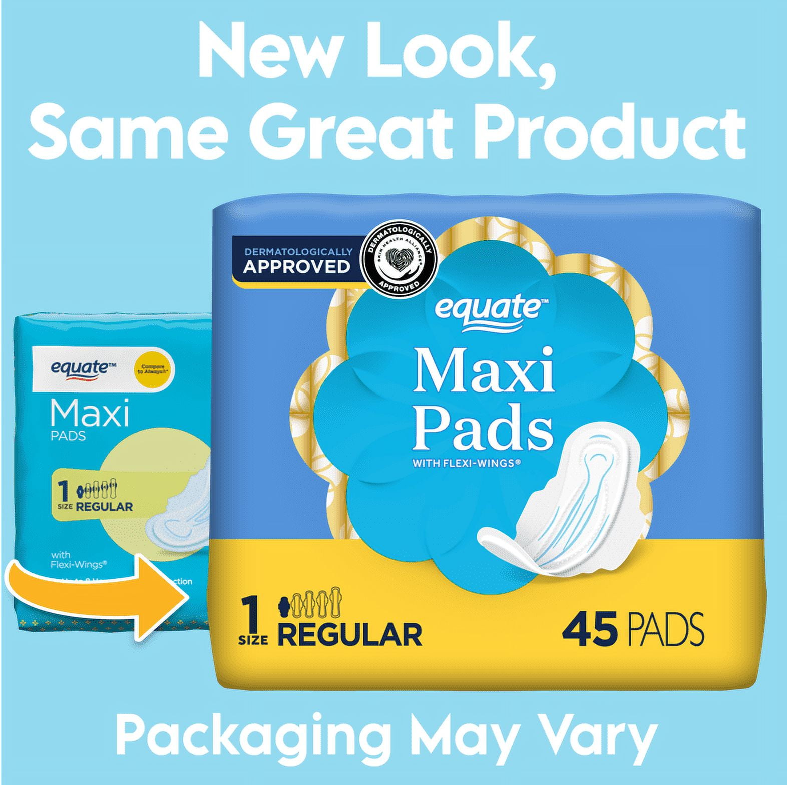 Equate Maxi Pads with Flexi-Wings, Unscented, Size 1, 45 Count ...