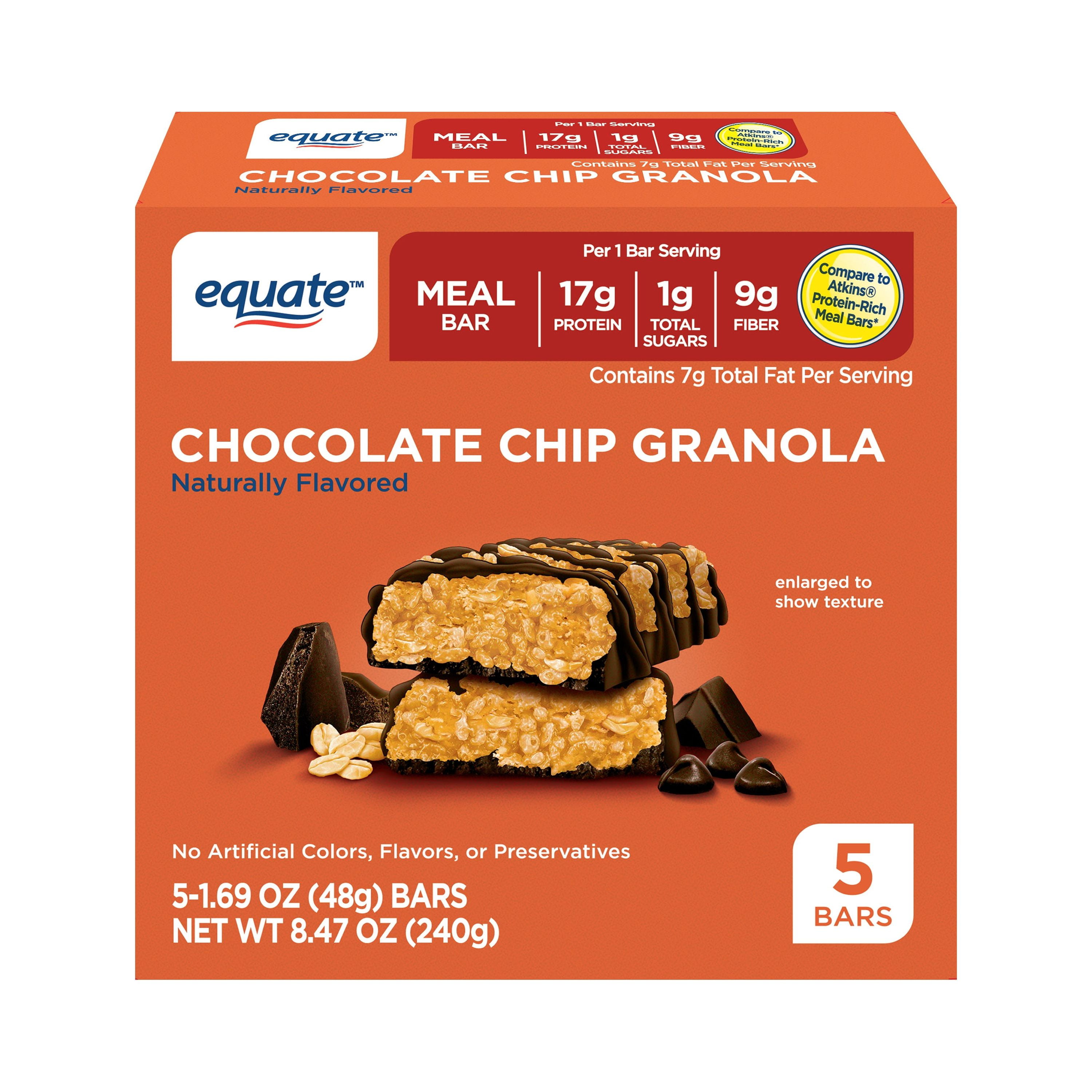 Equate Chocolate Chip Granola Meal Bar 5 Ct with 1g Sugar, 9g Fiber ...