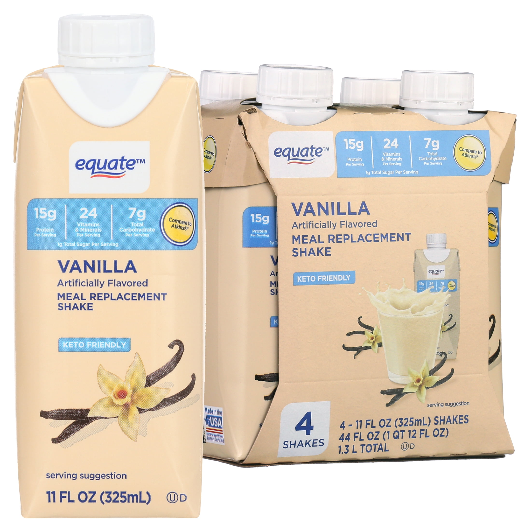 Equate Meal Replacement Shake, Vanilla, 4 Ct, 11 fl oz Each, White ...