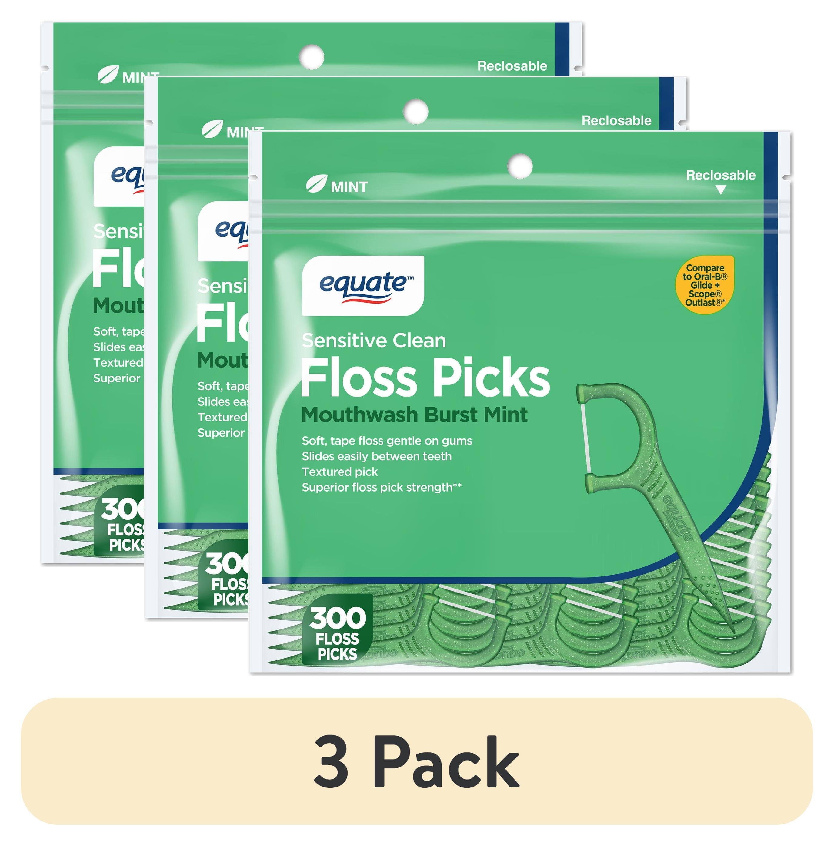(3 pack) Equate Sensitive Clean Floss Picks, Mouthwash Burst Mint, 300 ...