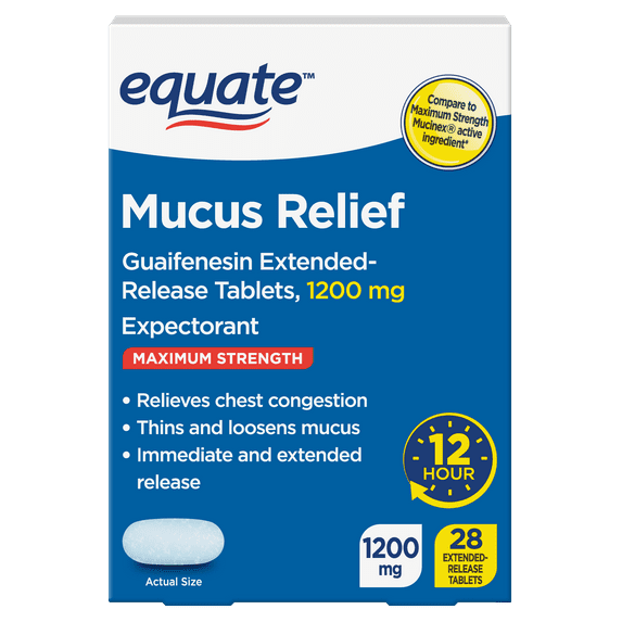 Equate 12 Hour Maximum Strength Mucus-ER Guaifenesin Cough and Mucus ...
