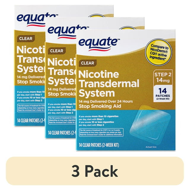 (3 pack) Equate Nicotine Transdermal System Step 2 Clear Patches, 14 mg ...