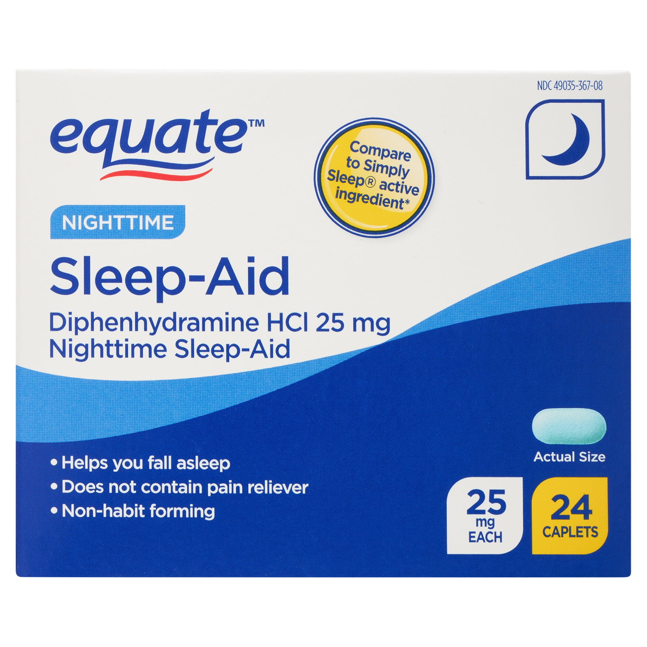 Equate Night-Time Sleep-Aid Diphenhydramine Caplets, 25 mg, 24 Count ...